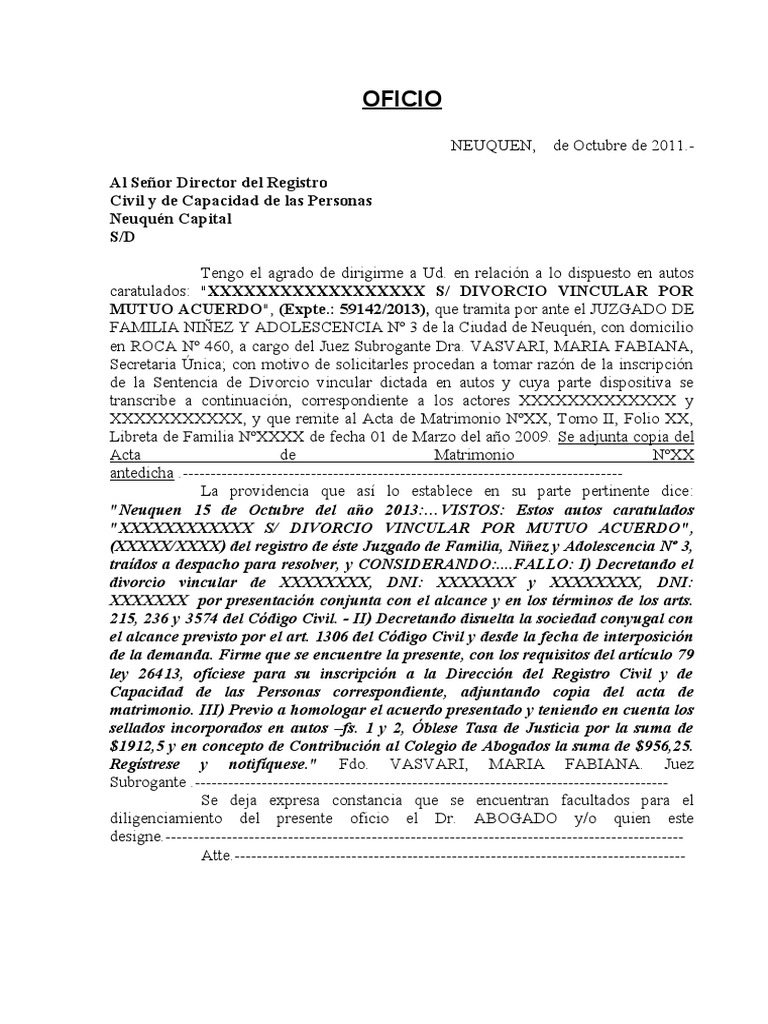 Modelo de Oficio Inscripcion Sentencia Divorcio | PDF | Divorcio ...