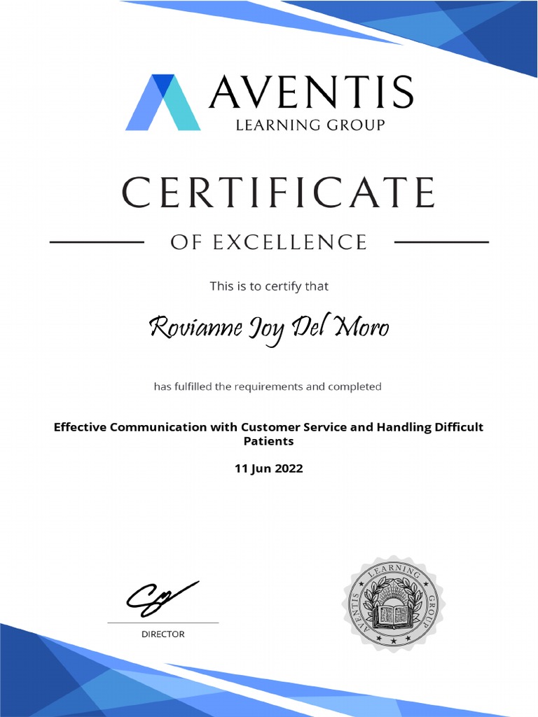Aventis E-Certificate - Rovianne Joy Del Moro | PDF