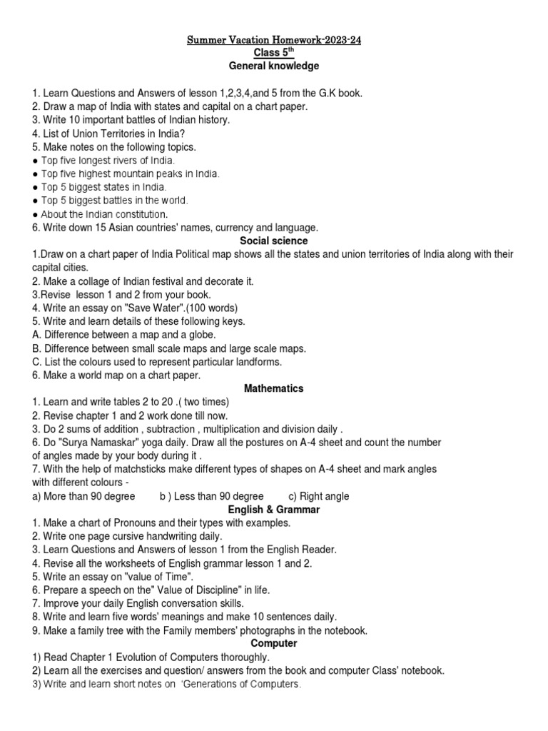 Class 5 Homework 2023-24 | PDF