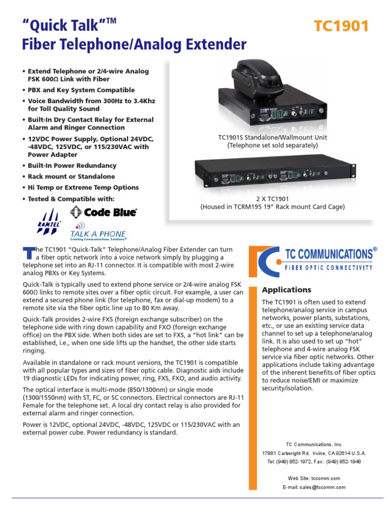 TC1901 Fiber Telephone Analog Extender Datasheet | PDF | Telephone ...