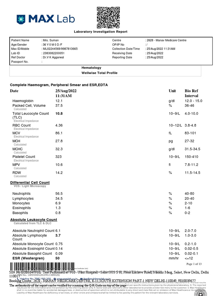 Complete Blood Test Report for Mrs. Suman | PDF | Glycated Hemoglobin ...