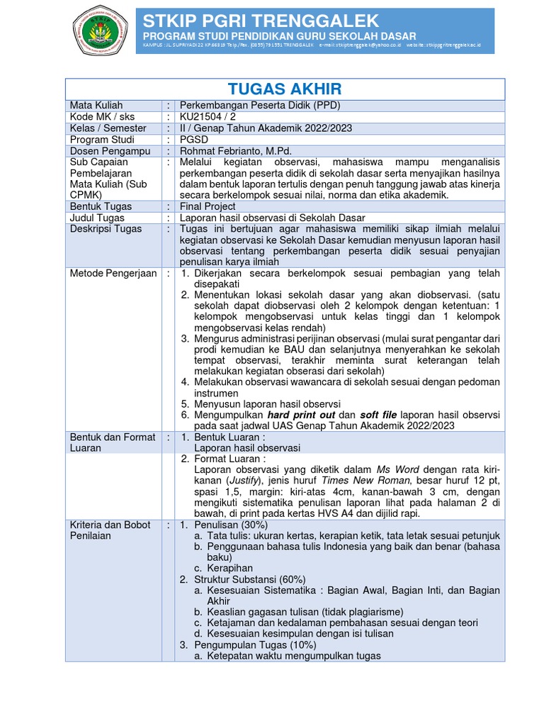 Petunjuk Tugas Akhir - MK PPD - pgsd-1 | PDF