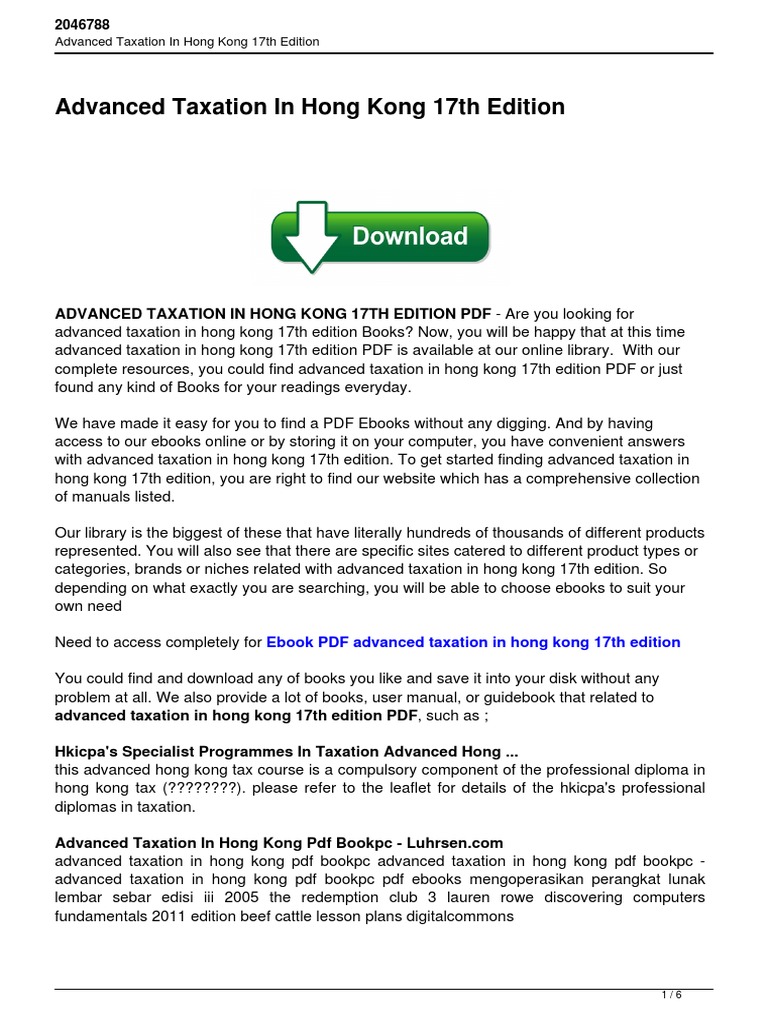 Advanced Taxation in Hong Kong 17th Edition | PDF