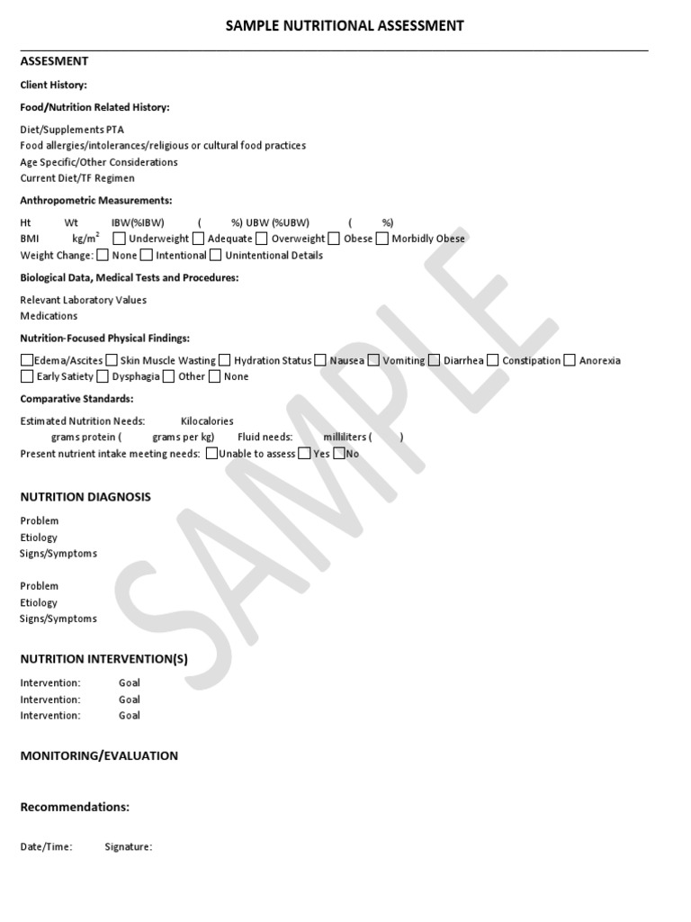 Nutrition Care Sample Asmt Form | PDF
