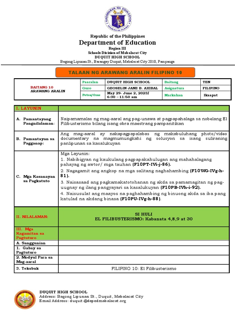 Weekly Lesson Plan Filipino 10 Quarter 4 Week 4 | PDF