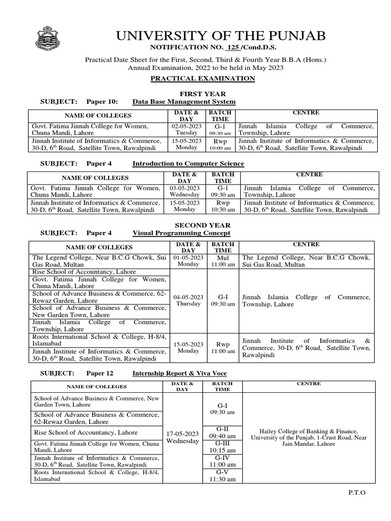 Practical Date Sheet For The First Second Third Fourth Year BBA Hons ...