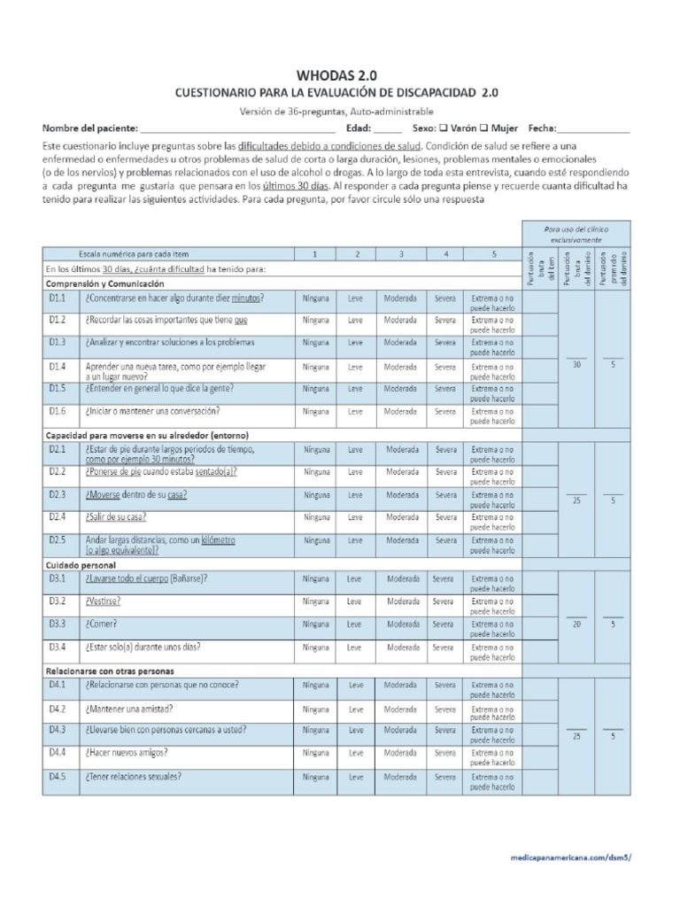 Whodas 2.0 Cuestionario para La Evaluación de Discapacidad PDF | PDF