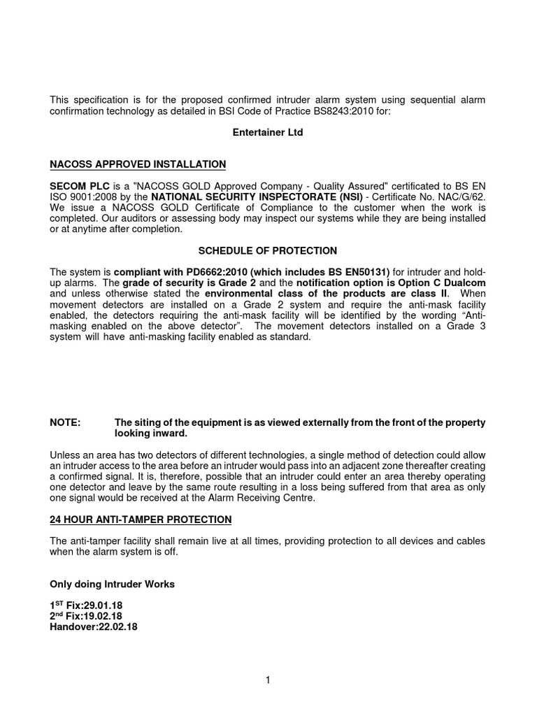 Intruder Alarm Specification | PDF | Security Alarm | Electrical ...