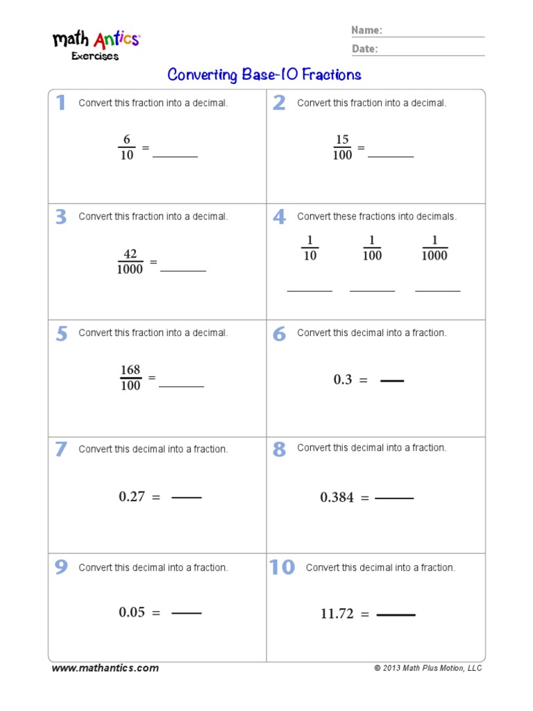 Math Antics Exercises - ConvertingBase10Fractions | PDF