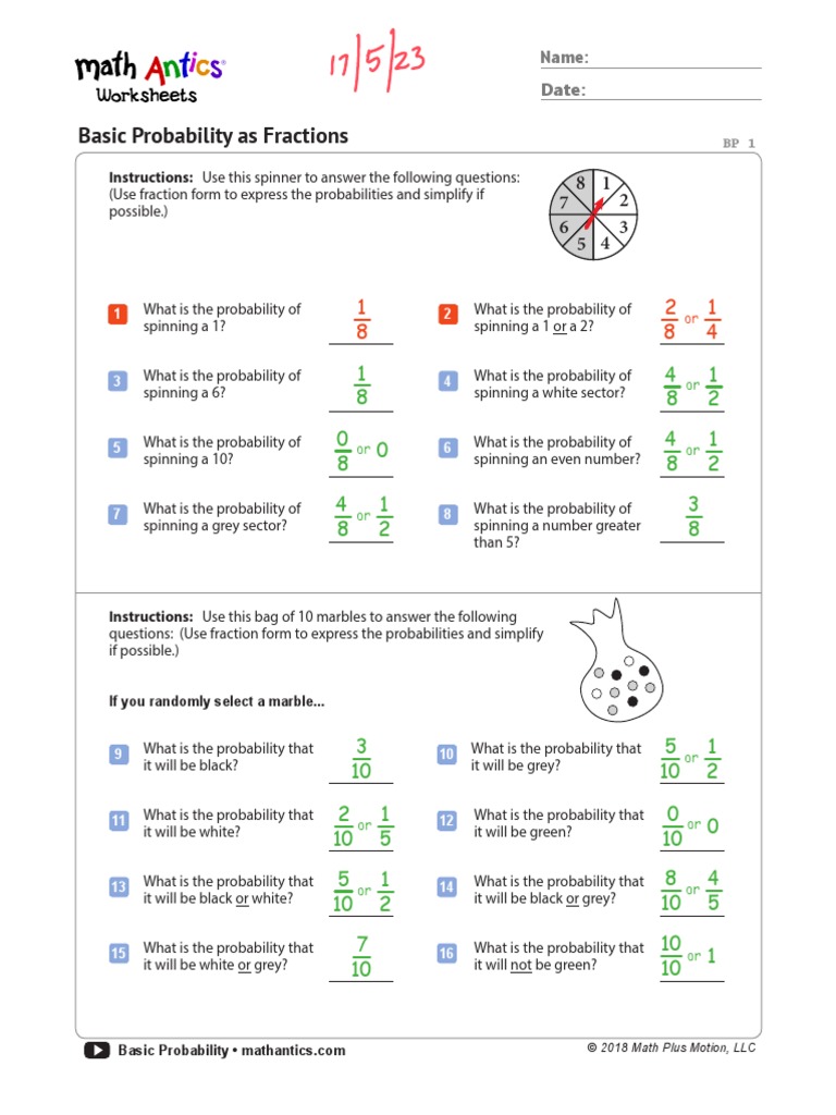 Math Antics Worksheets - BasicProbability - Answers | PDF