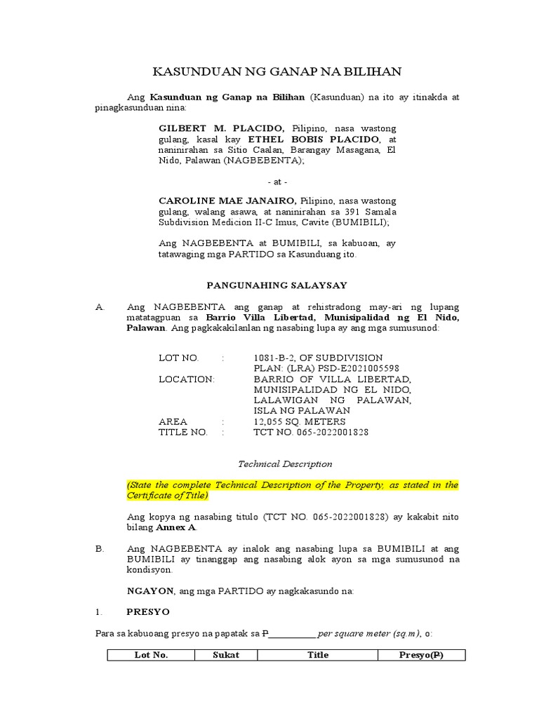 DEED OF ABSOLUTE SALE - Blank Draft - Filipino Version - Final | PDF