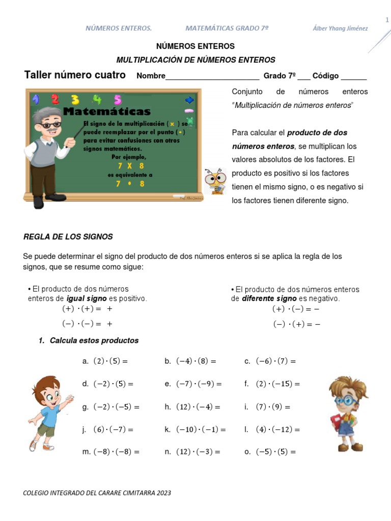 7º Matemáticas. Taller Número CUATRO-ENTEROS-MULTIPLICACIÓN | PDF