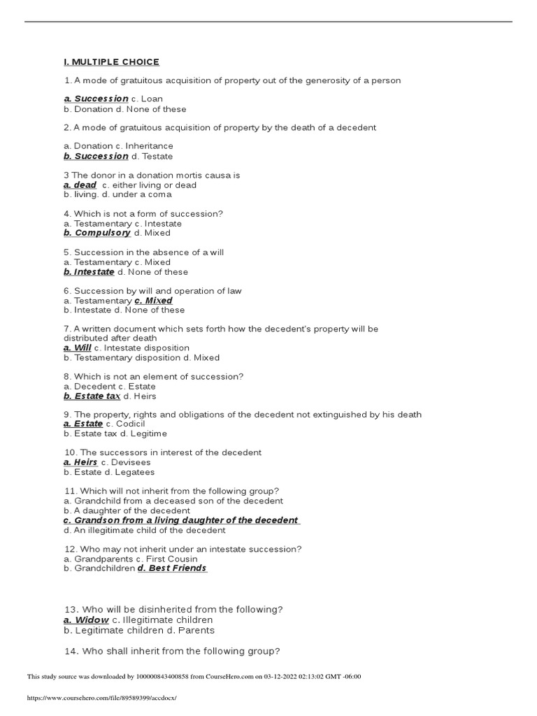 I. Multiple Choice | PDF