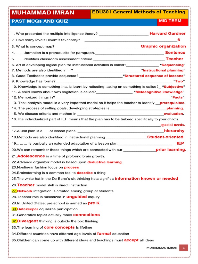 Edu301 General Methods of Teaching (Past Mcqs and Quiz) (Mid Term) | PDF