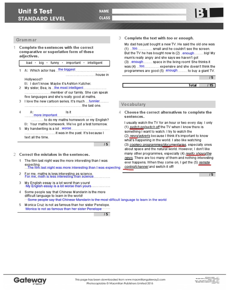 B1 Unit 5 English Test Overview Pdf