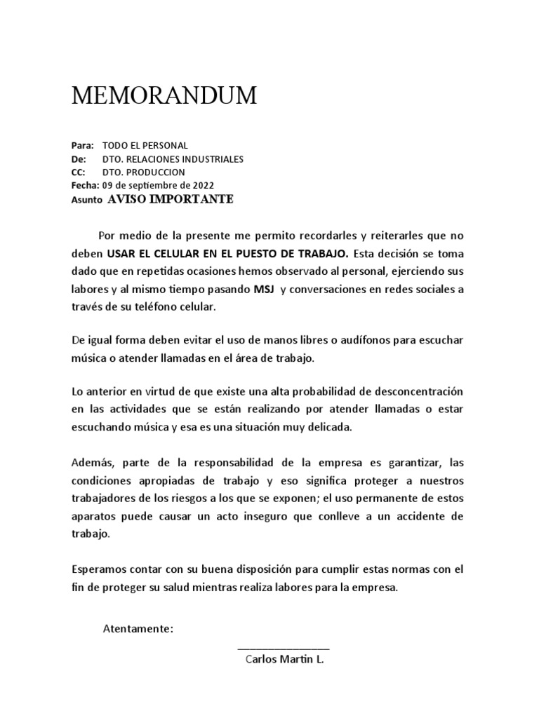 Memorandum - Uso de Celular | PDF