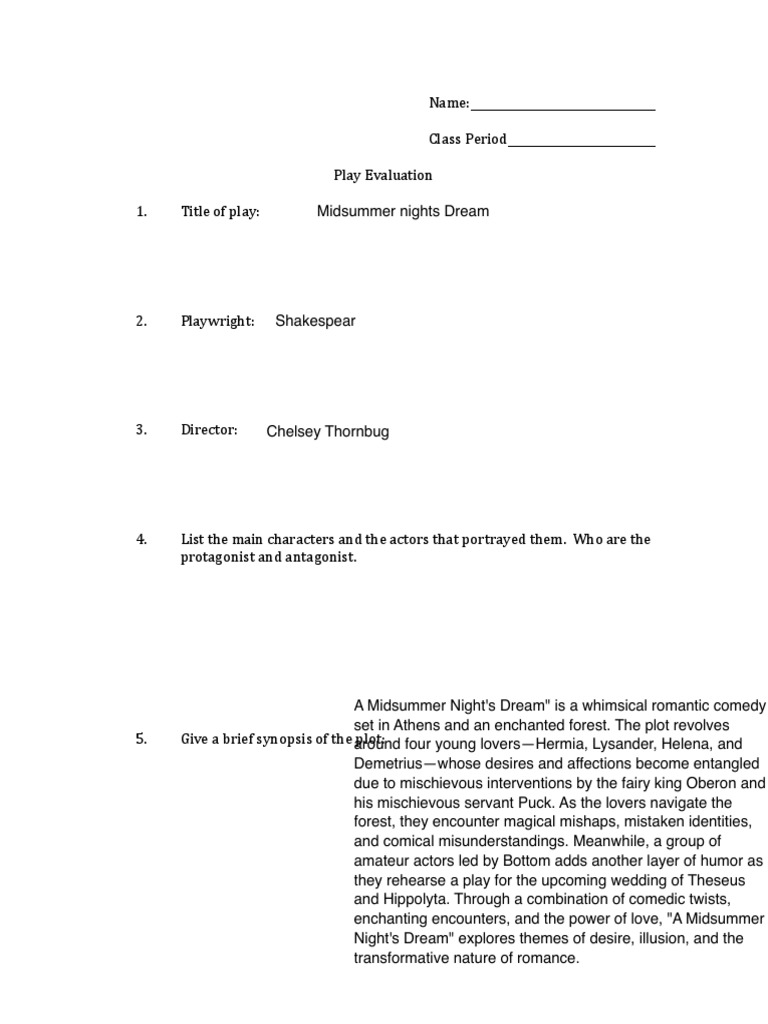 Play Critique Sheet | PDF | A Midsummer Night's Dream