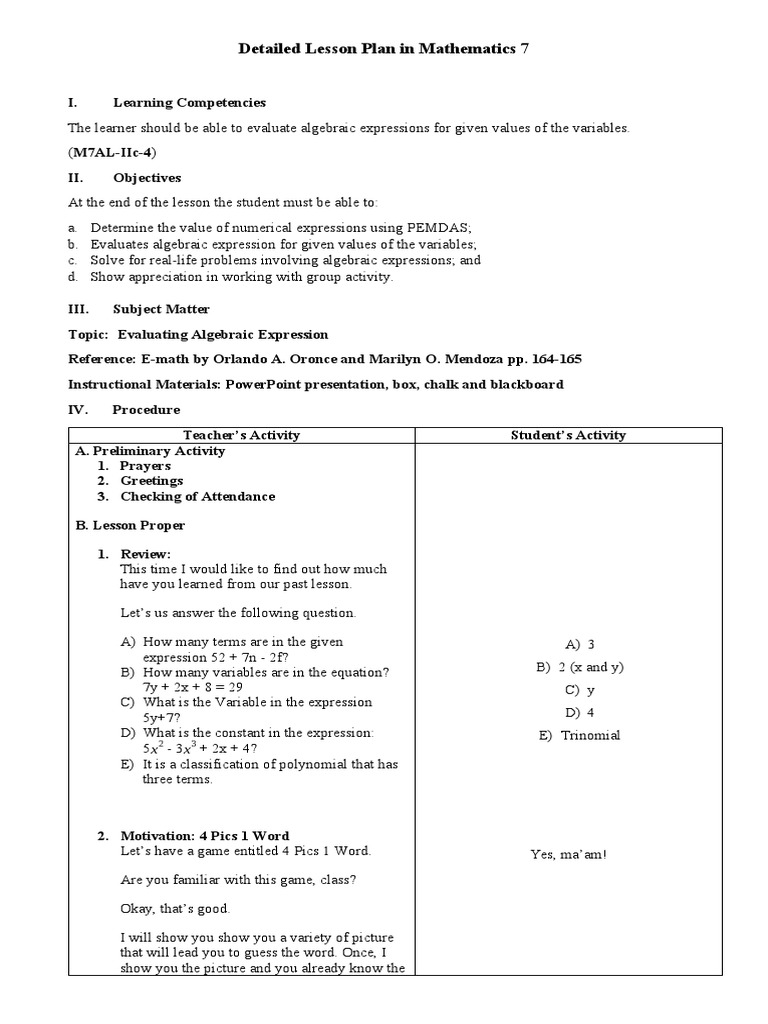 DEMO Detailed Lesson Plan in Mathematics 7 | PDF | Variable (Mathematics) | Lesson Plan