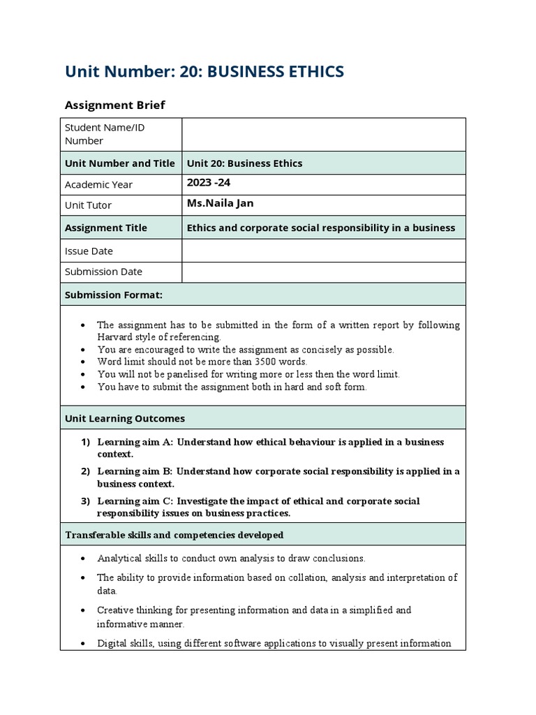 BUSINESS ETHICS Assignment Brief | PDF