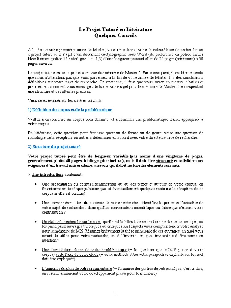 Le Projet Tutoré en Littérature, Quelques Conseils | PDF