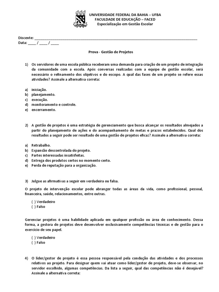 Prova Gestão de Projetos | PDF
