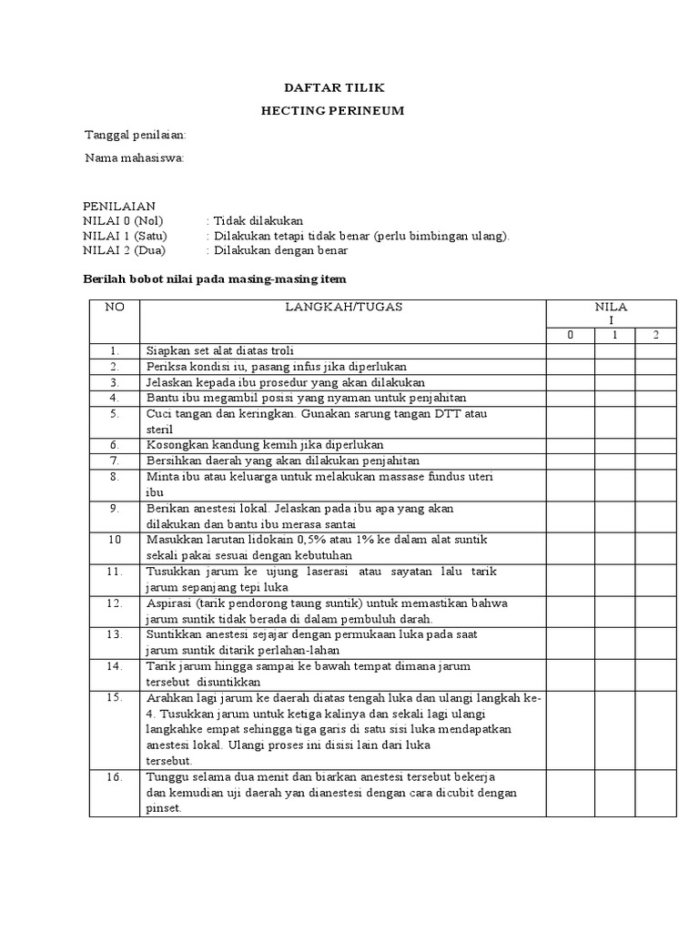 Daftar Tilik Hecting Perineum | PDF