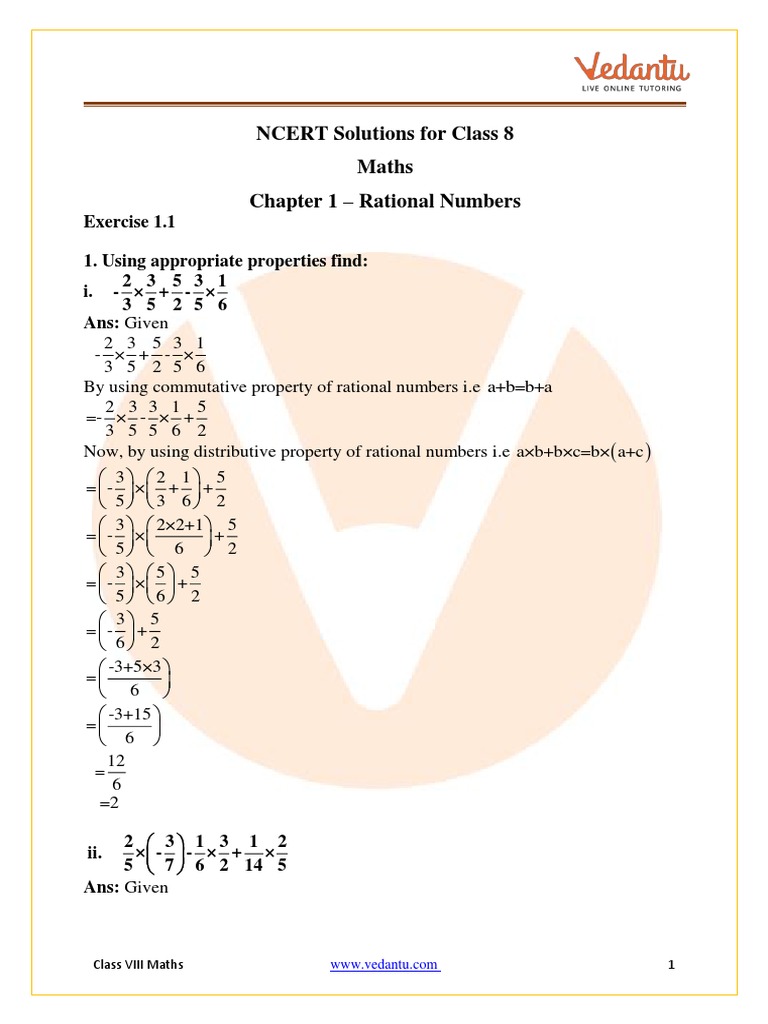 Ncert Solutions Class 8 Maths Chapter 1 Rational Numbers | PDF ...