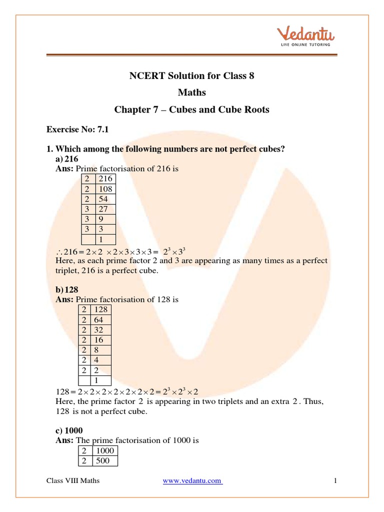 Ncert Solutions Class 8 Maths Chapter 7 Cubes and Cube Roots | PDF ...