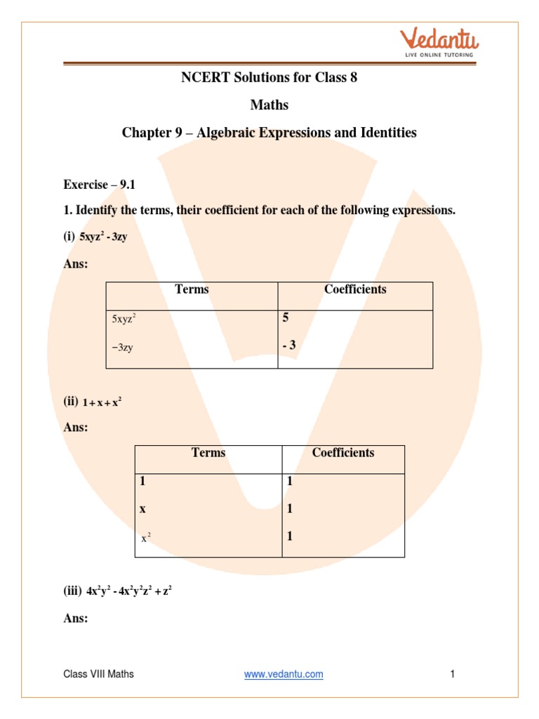 Class 8 Algebraic Expressions Guide | PDF | Algebra | Mathematical Concepts