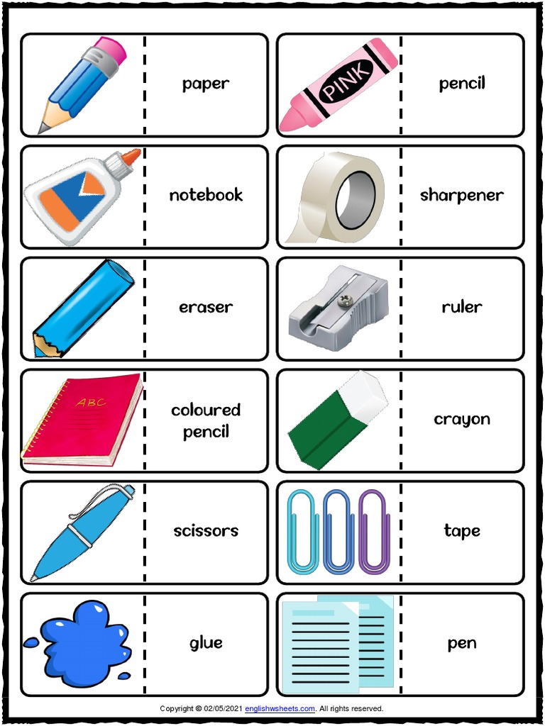 Stationery Objects Vocabulary Esl Printable Dominoes Games For Kids | PDF