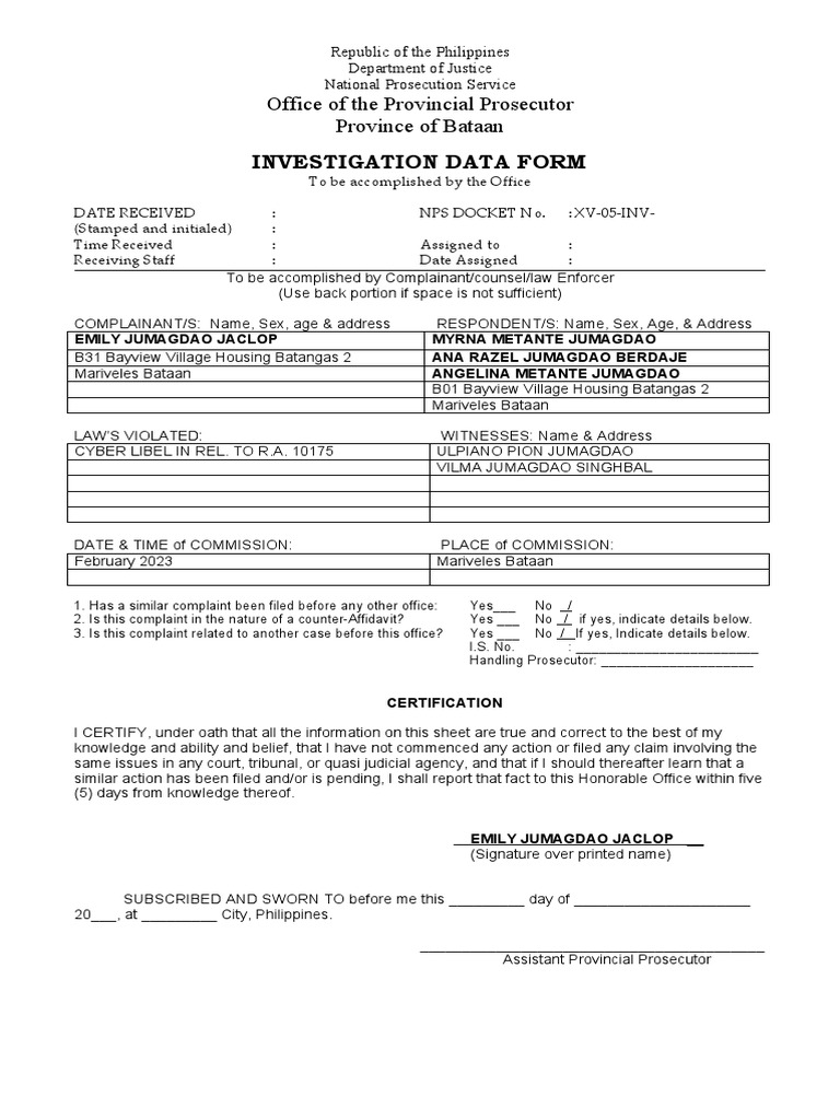 Investigation Data Form Masusi | Download Free PDF | Prosecutor ...