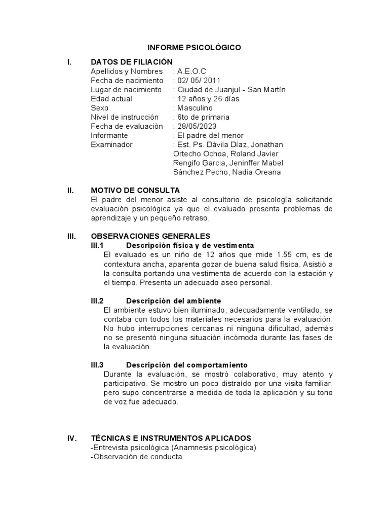 Informe Psicológico Wisc V | PDF | Cociente de inteligencia | Inteligencia