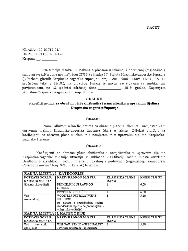 KZZ - Odluka o Koeficijentima Za Obračun Plaće | PDF