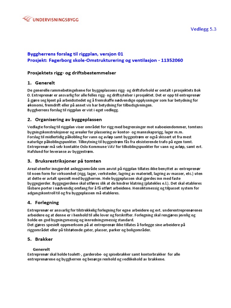 Vedlegg 5.3 Byggherrens Krav Til Rigg Og Drift | PDF
