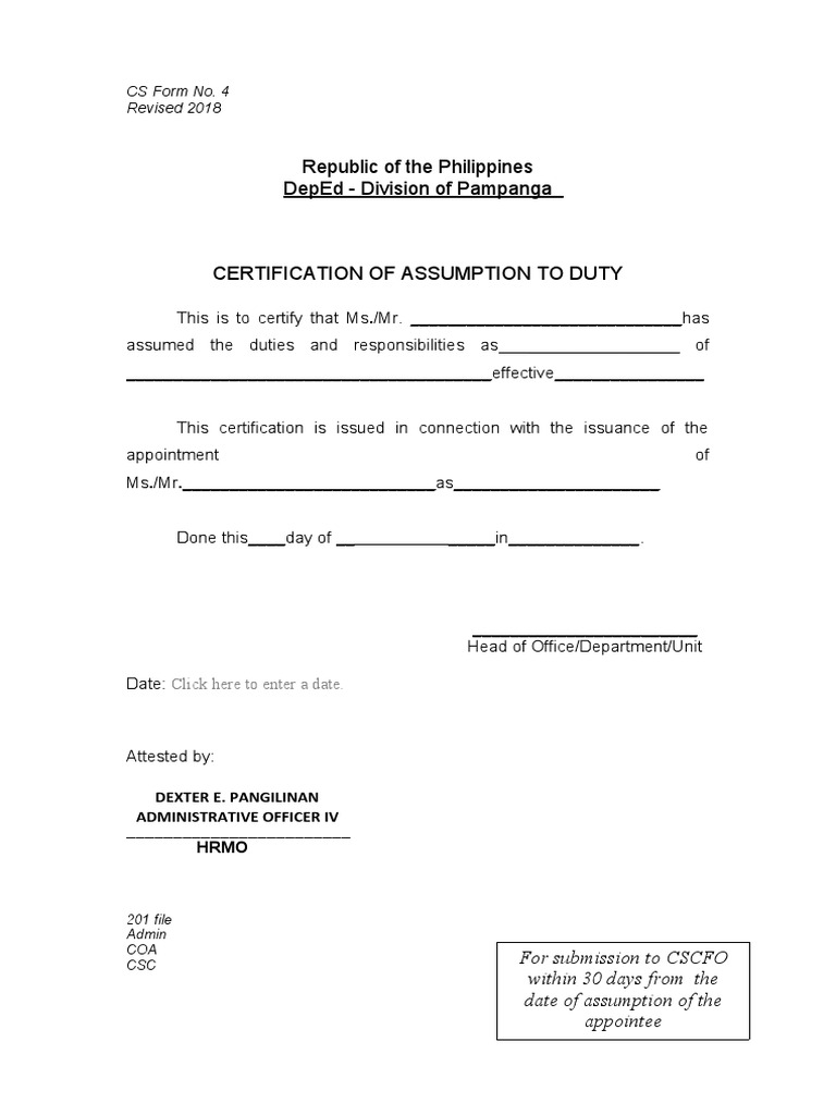 Certificate of Assumption to Duty | PDF