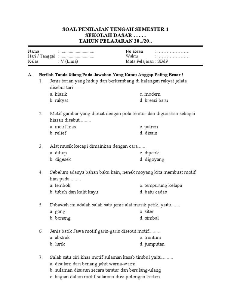 1soal PTS SBDP Kelas 5 Semester 1 | PDF 1soal PTS SBDP Kelas 5 Semester 1 | PDF