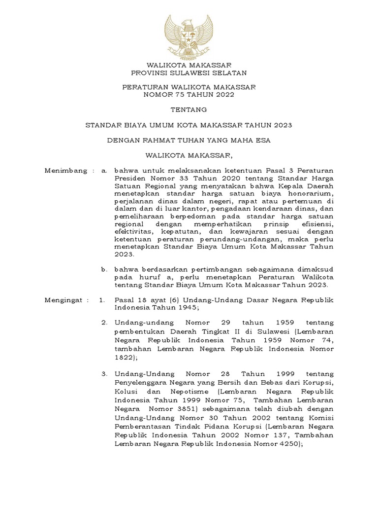 Perwali 75 Tahun 2022 Tentang Sbu 2023 Fix | PDF