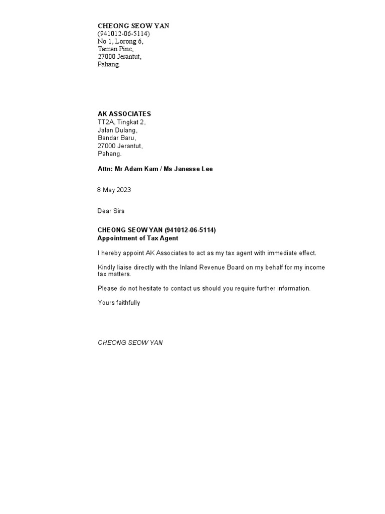 Cheong Seow Yan - Tax Agent Appointment Letter | PDF