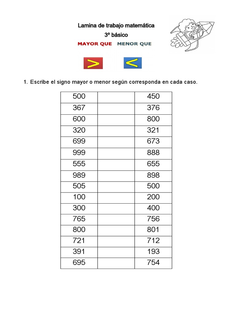 Ejercicios de Mayor y Menor para 3º Básico | PDF