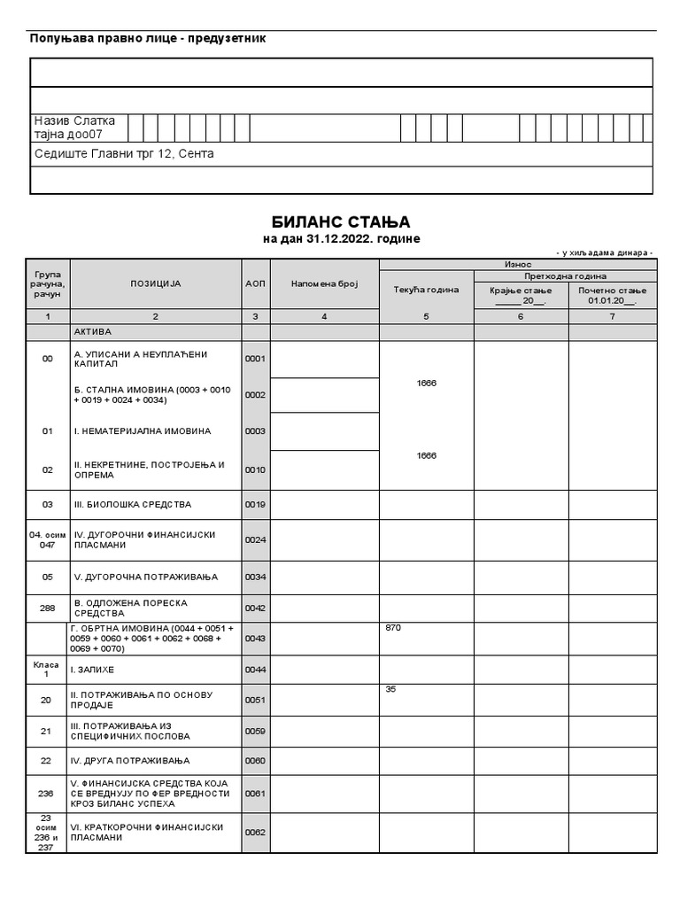 Bilans Stanja Skraceni Б2 | PDF