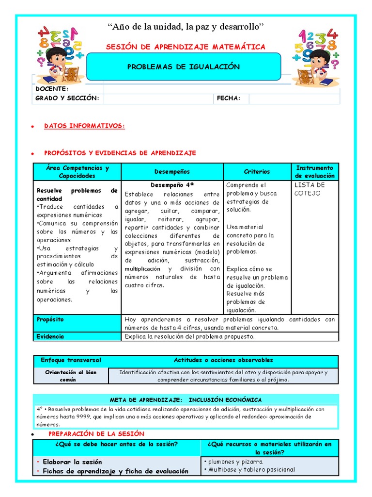 4° Ses Mate Vier 12 Problemas de Igualación 965727764 Prof Yessenia | PDF | Aprendizaje | Evaluación