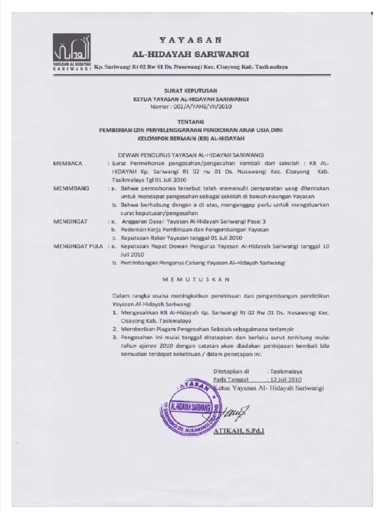 PDF Contoh SK Sekolah Naungan Yayasan KB - Compress | PDF