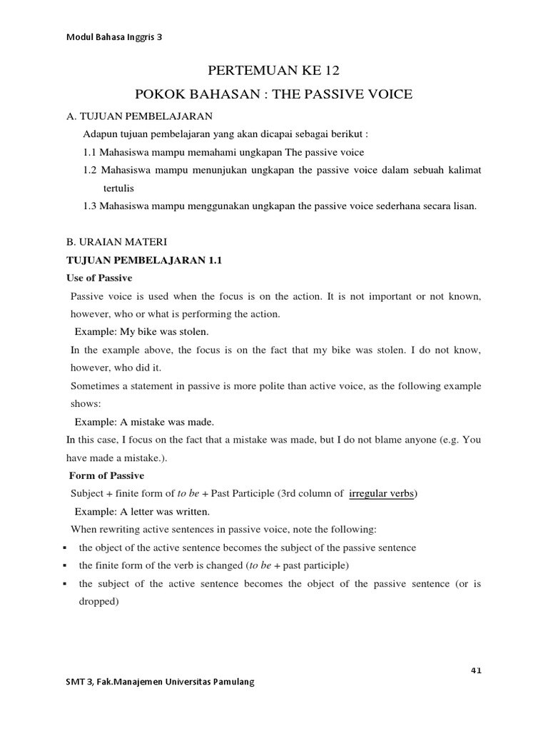 Pertemuan Ke 12 - The Passive Voice | PDF | Verb | Subject (Grammar)