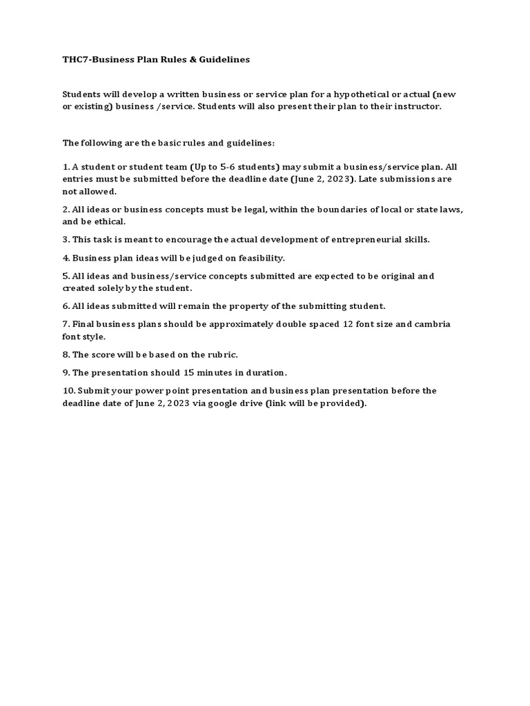 Business Plan Guidelines - Rubrics | PDF | Sales | Private Sector