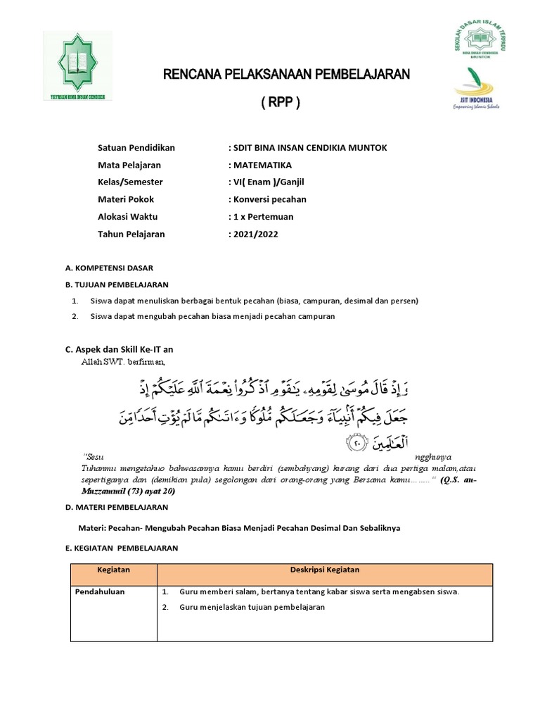 KLS 6 - RPP - TM - MTK Kelas 6 - 2 Konversi Pecahan | PDF