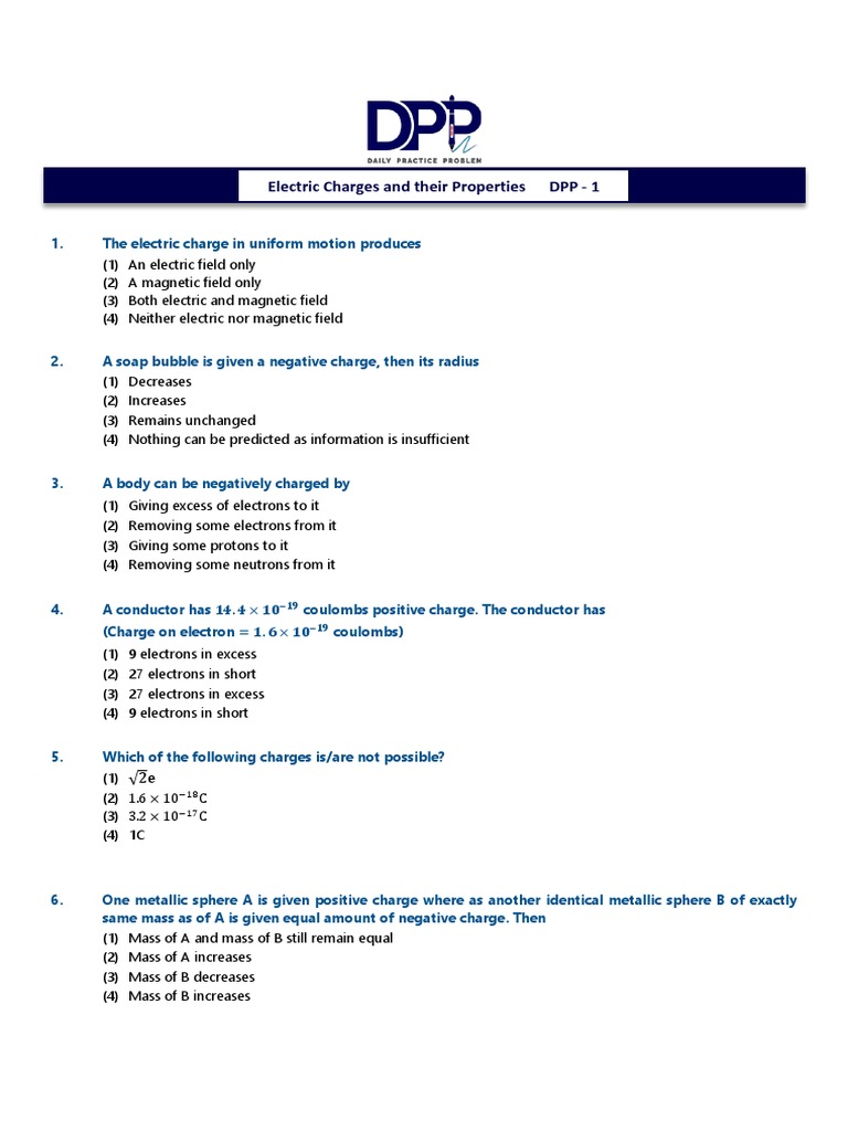 Electric Charges and Their Properties DPP | PDF