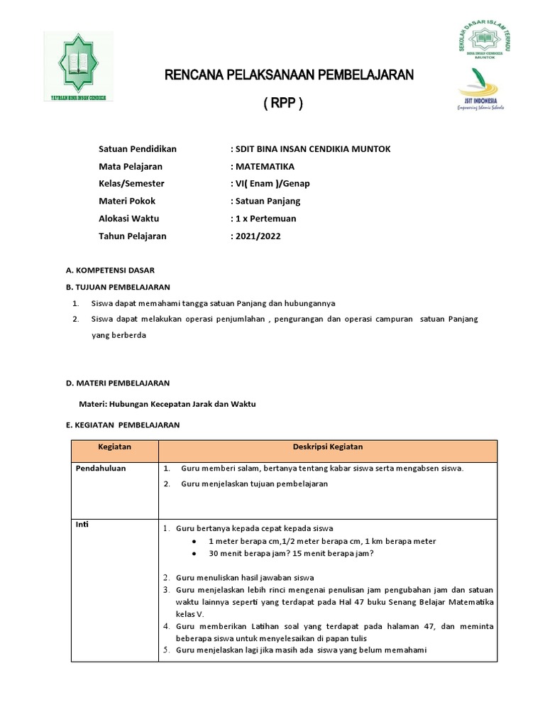 KLS 6 - RPP - TM - MTK Kelas 6 - 3 Satuan Panjang | PDF | Karier & Perkembangan