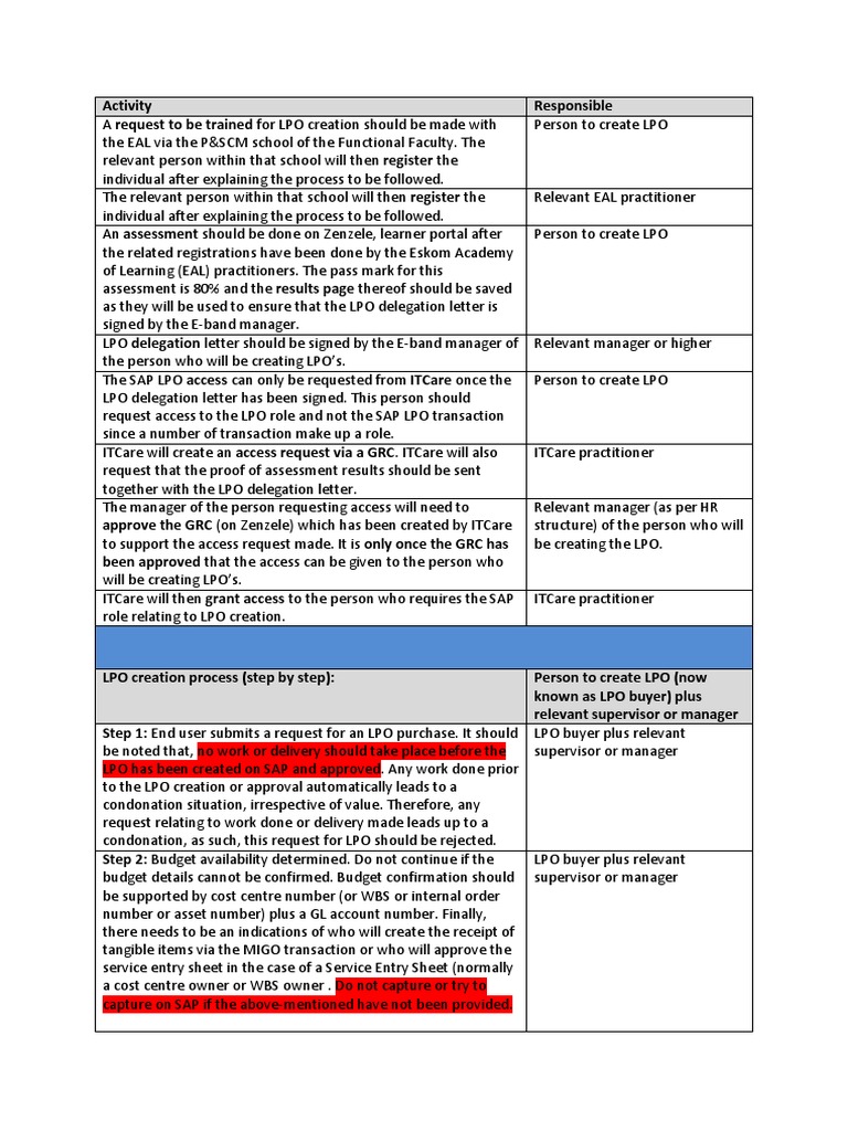 LPO SAP Access Request Process Flow Plus LPO Creation Steps | PDF