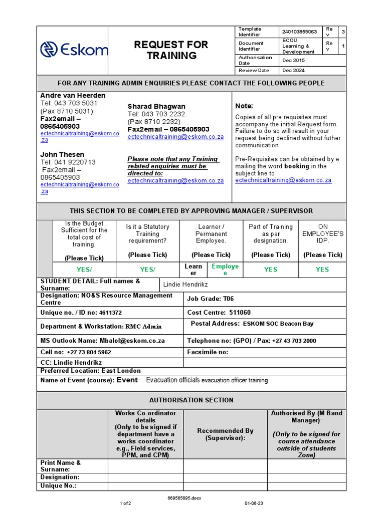 Lindie Hendrikz Course Request Form 2022 | PDF