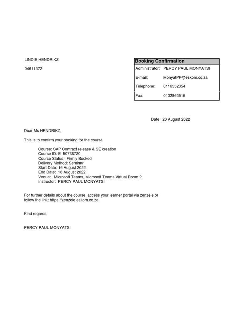 SAP Contract Course Booking Confirmation | PDF